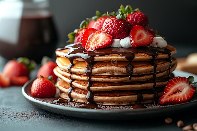 Pancake Stack with Strawberries, Chocolate Syrup, and Whipped Cream on ...