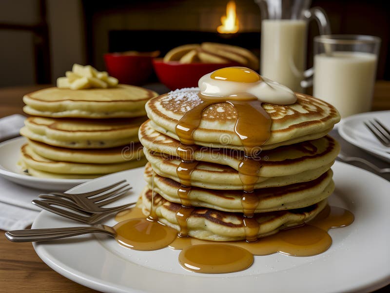 Pancake Stack with Syrup, Butter, and Fried Egg, Served with Milk and ...