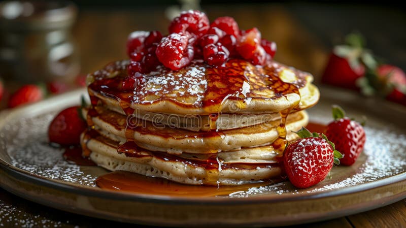 Pancake Stack with Syrup, Raspberries, and Strawberries on a Plate ...