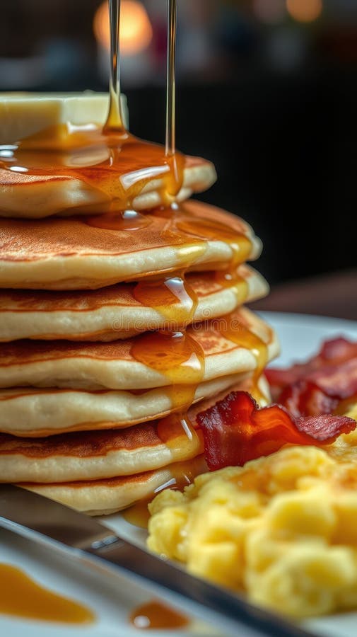 Pancake Stack with Syrup Served Alongside Scrambled Eggs and Bacon on a ...