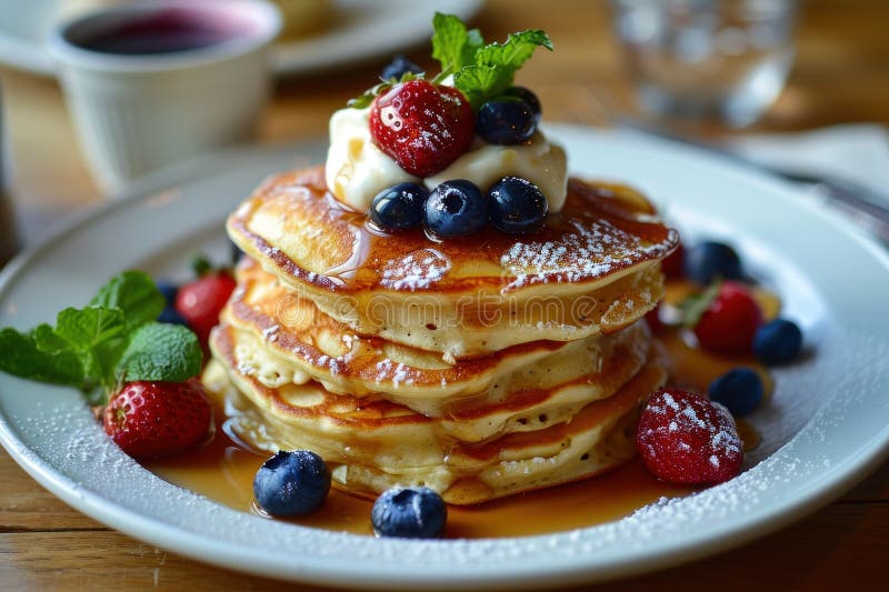 Pancake Stack Topped on Plate with Fresh Berries and Cream Stock Image ...