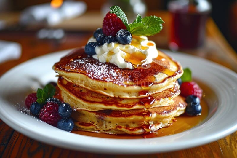Pancake Stack Topped on Plate with Fresh Berries and Cream Stock Photo ...