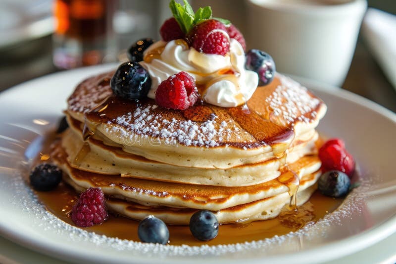 Pancake Stack Topped on Plate with Fresh Berries and Cream Stock Photo ...