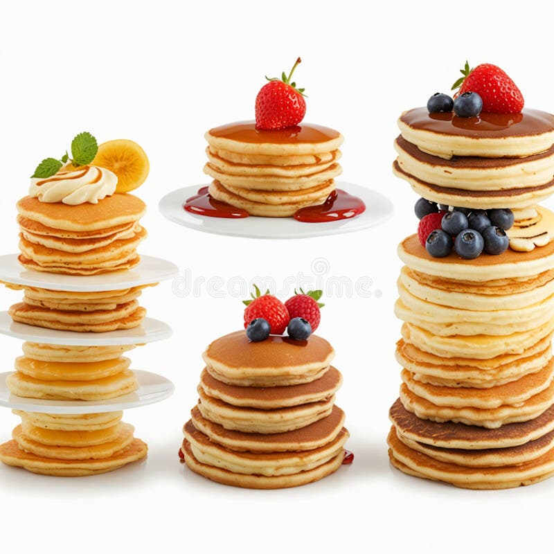 Pancake Stacks with Different Toppings, Isolated on White Background ...