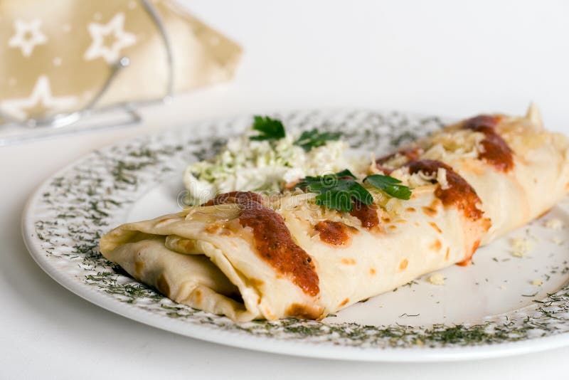 Pancake / Tortilla / Burrito on Plate Stock Photo - Image of beef, cake ...