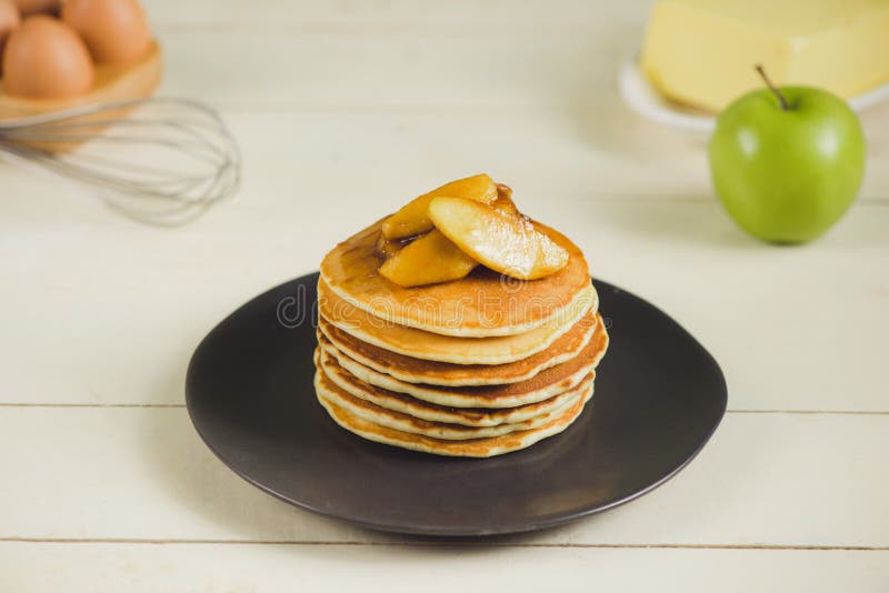 Pancakes with Apple on Table. Breakfast, Snacks. Pancakes Day. Stock ...