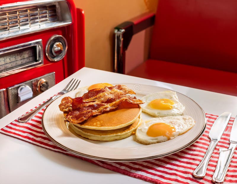 Pancakes, Bacon, and Fried Eggs Served for Breakfast in Retro 1950s ...