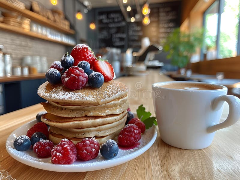 Pancakes with Berries and Coffee on a Table in a Bright Cafe Stock ...