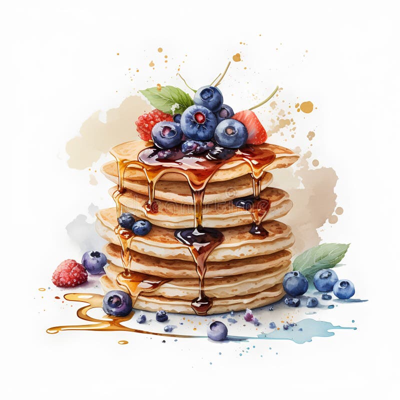 Pancakes with Berries and Maple Syrup. Watercolor Illustration Stock ...