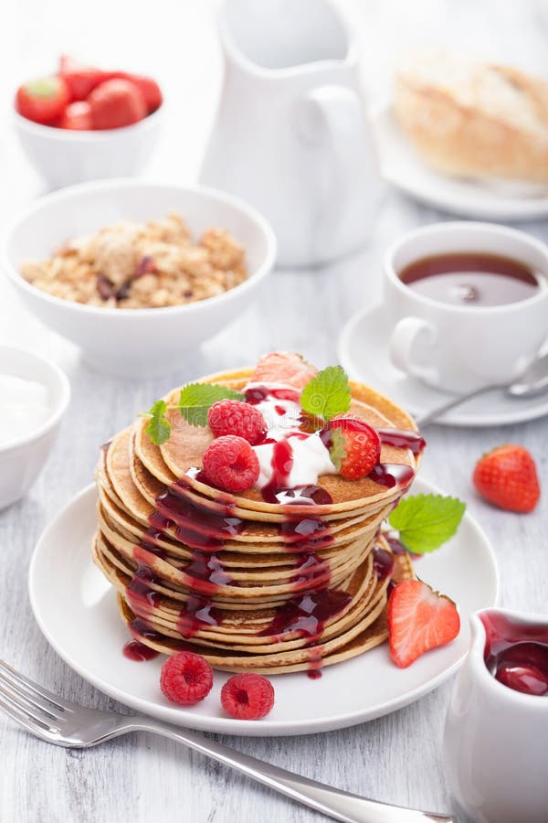Pancakes with Berry and Jam for Breakfast Stock Photo - Image of ...