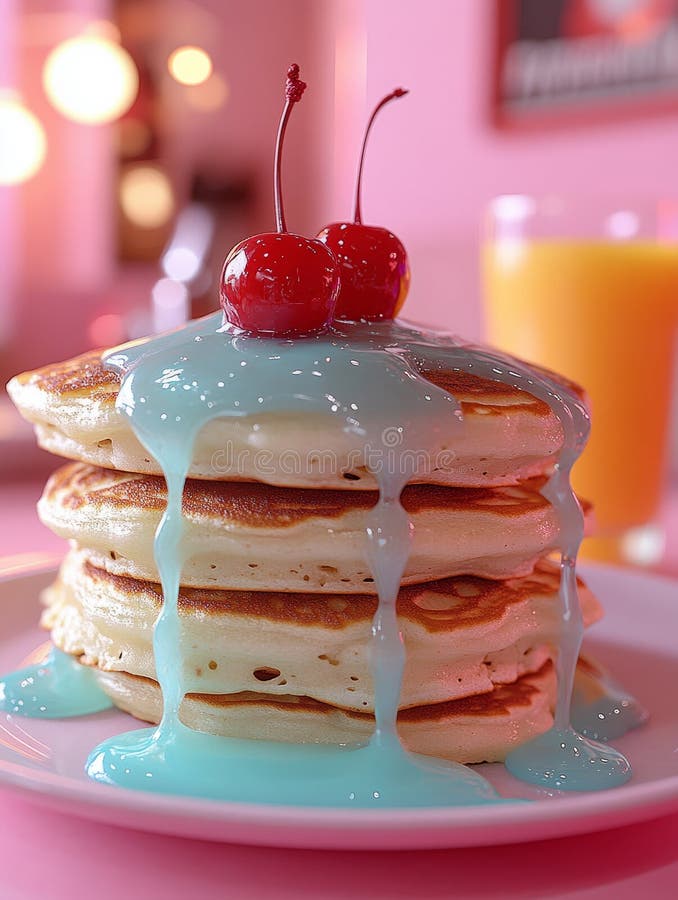 Pancakes with Blue Syrup Topped with Cherries. Stock Image - Image of ...