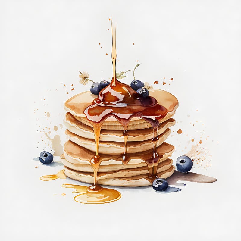 Pancakes with Blueberries and Maple Syrup. Watercolor Illustration ...