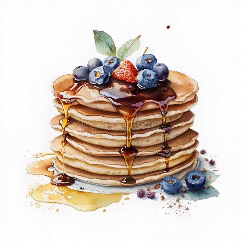 Pancakes with Blueberries and Maple Syrup. Watercolor Illustration ...