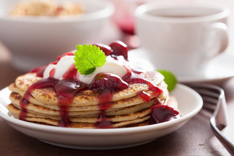 Pancakes with Cherry Jam and Cream for Breakfast Stock Photo - Image of ...