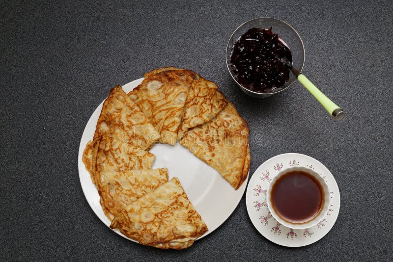 Pancakes, Cup of Tea and Jam Stock Image - Image of color, objects ...