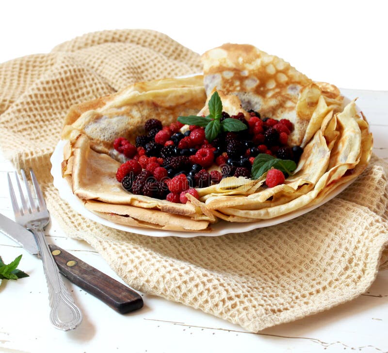 Pancakes with Fresh Berries and Mint Stock Image - Image of delicious ...