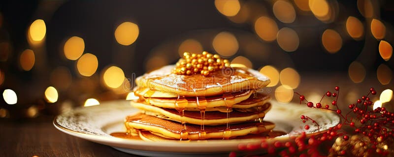 Pancakes in Golden Light with Butter and Jam. on White Plate Stock ...