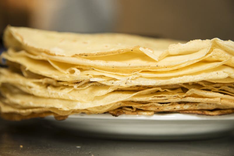 Pancakes in Plate, Spoon with Condensed Milk on Pancake in Saucer ...