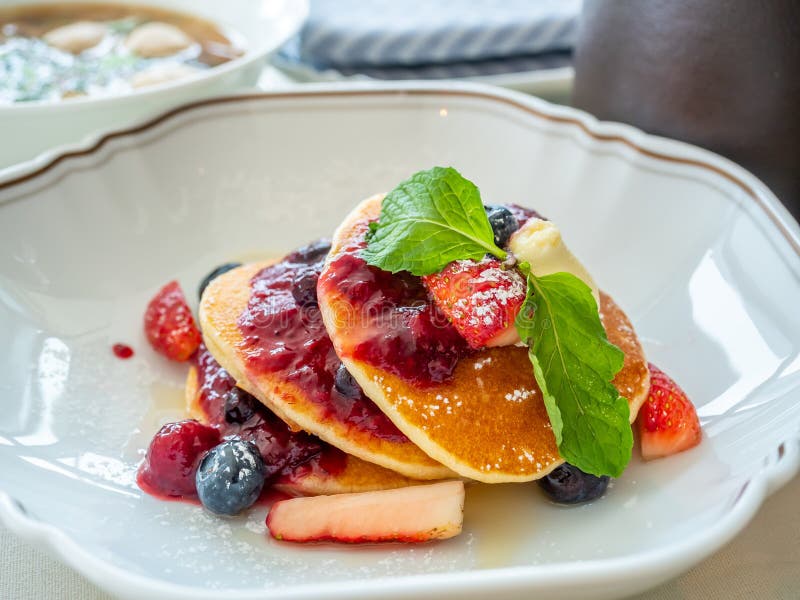 Pancakes with Jam in Luxury Hotel Stock Image - Image of menu, tasty ...