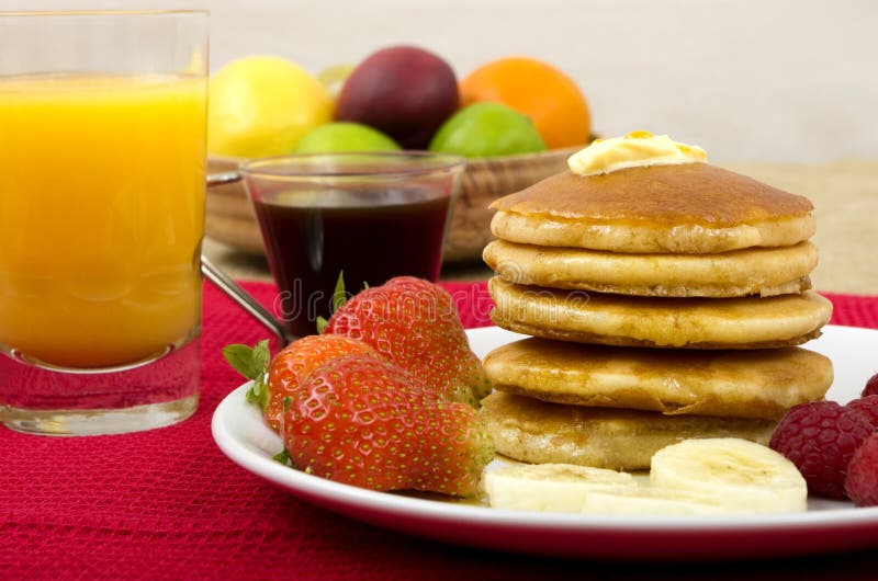 Pancakes, Maple Syrup and Fruit Breakfast Stock Image - Image of ...