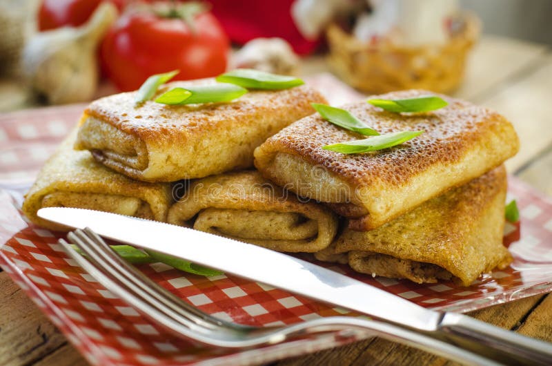 Pancakes with meat stock image. Image of food, salted - 93372635