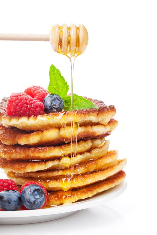 Pancakes with Raspberry, Blueberry, Mint and Honey Syrup Stock Image ...