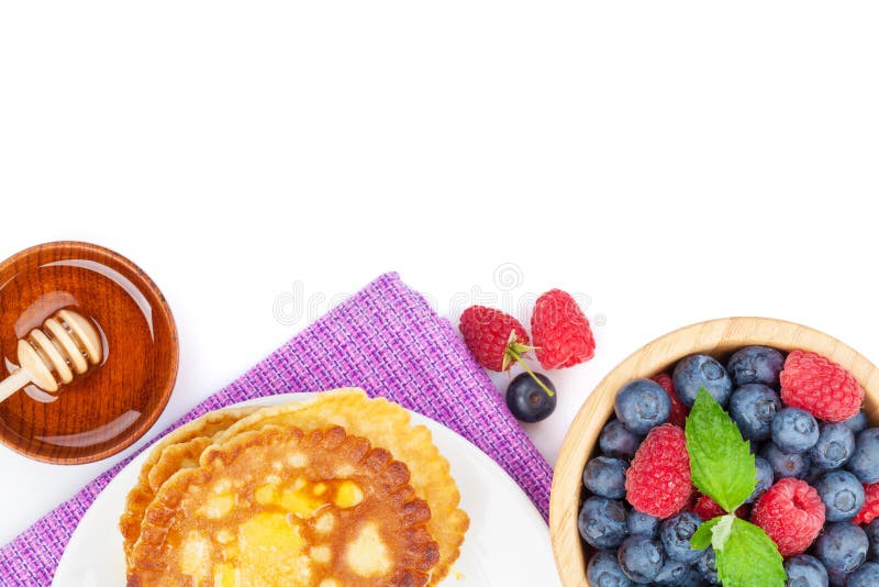 Pancakes with Raspberry, Blueberry, Mint and Honey Syrup Stock Photo ...
