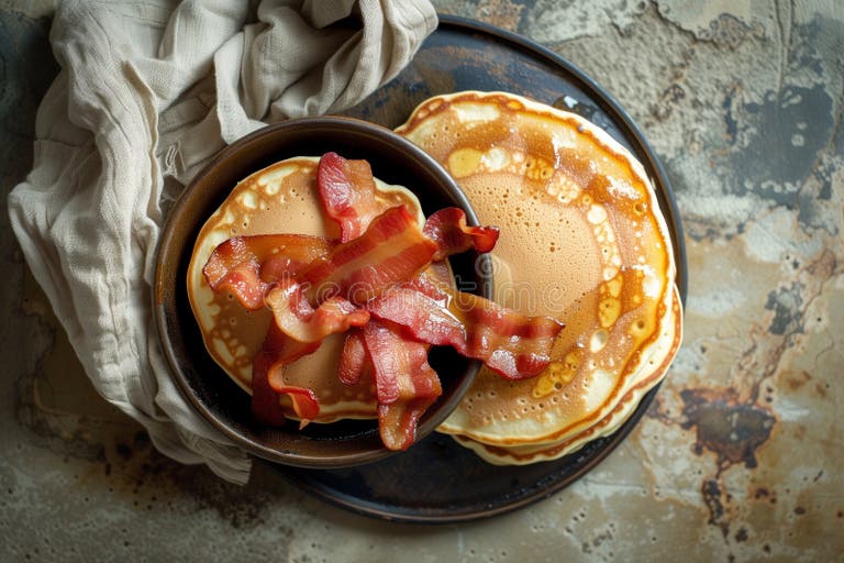 Pancakes with a Side of Crispy Bacon Served on a Rustic Table Stock ...