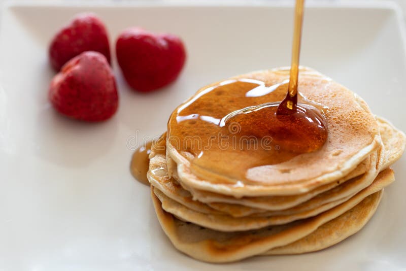 Pancakes Stake with Golden Syrup and Strawberries Stock Image - Image ...