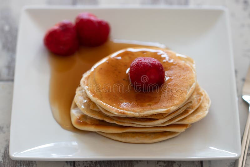 Pancakes Stake with Golden Syrup and Strawberries Stock Photo - Image ...