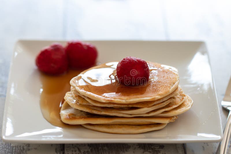 Pancakes Stake with Golden Syrup and Strawberries Stock Photo - Image ...