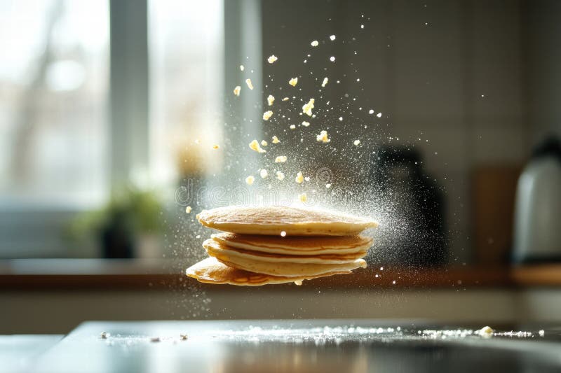 Fluffy Pancakes Floating in the Air with Flour Dust in a Well Lit ...
