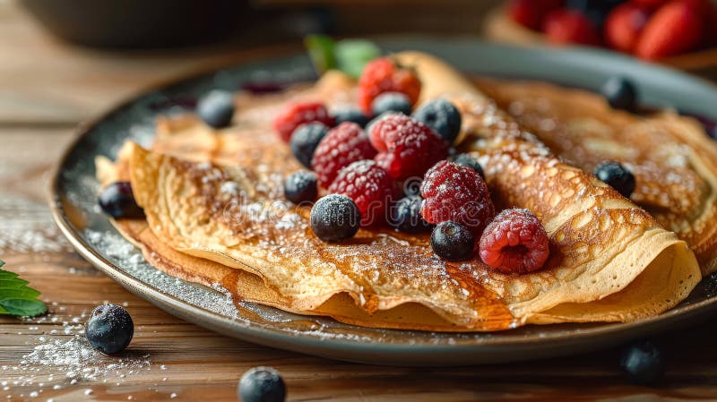 Pancakes Thin Homemade Pancakes with Berries Lie in a Plate. Stock ...