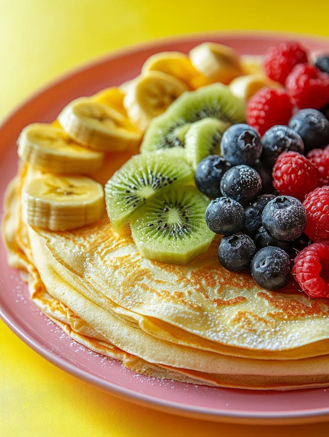Pancakes Topped with Fresh Fruit on a Pink Plate. Stock Image - Image ...