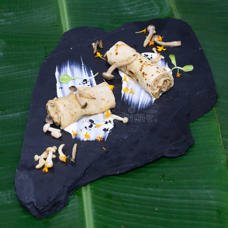 Pancakes Wrapped with Meat and Mushrooms Stock Image - Image of leaf ...