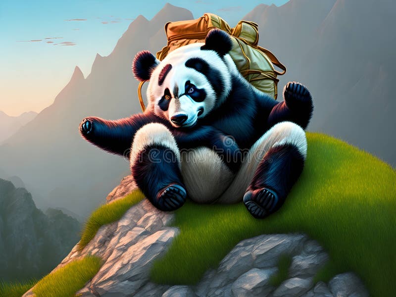 A Panda with a Backpack Sits on Top of a Mountain. Stock Illustration ...