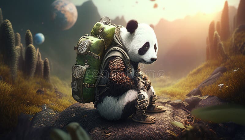 Panda Backpacker Explores World with Joy, Illustration Stock ...