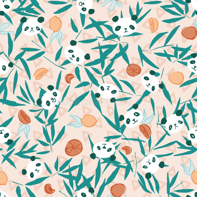 Panda and Bamboo Leaves Background. Fabric with Painted Cute Bear ...