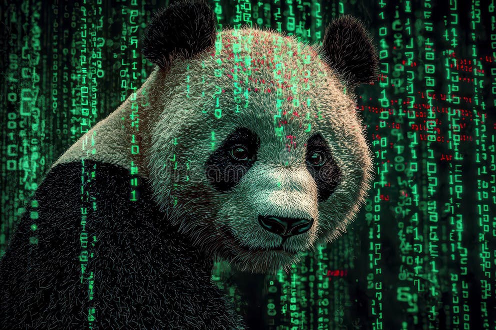 A Panda Bear Against a Backdrop of Code and Binary Data Back Ground ...