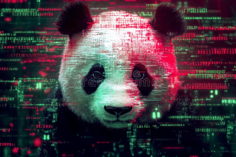 A Panda Bear Against a Backdrop of Code and Binary Data Back Ground ...