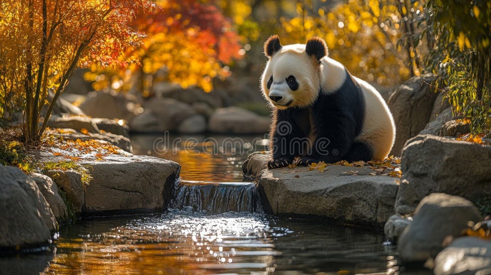 Panda Bear by Autumn Waterfall Peaceful Scene Stock Illustration ...