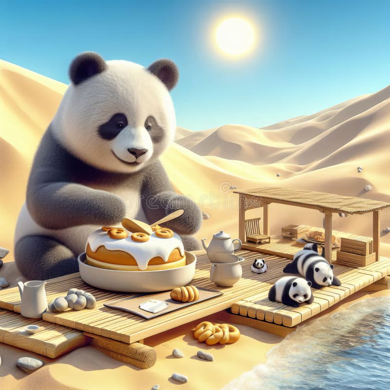 A Panda Bear Baking a Cake in a Sunny Kitchen Digital Ar Sandy D Stock ...