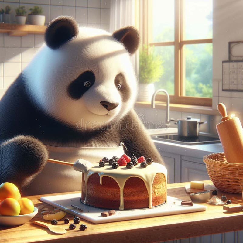 A Panda Bear Baking a Cake in a Sunny Kitchen, Digital Art Stock ...