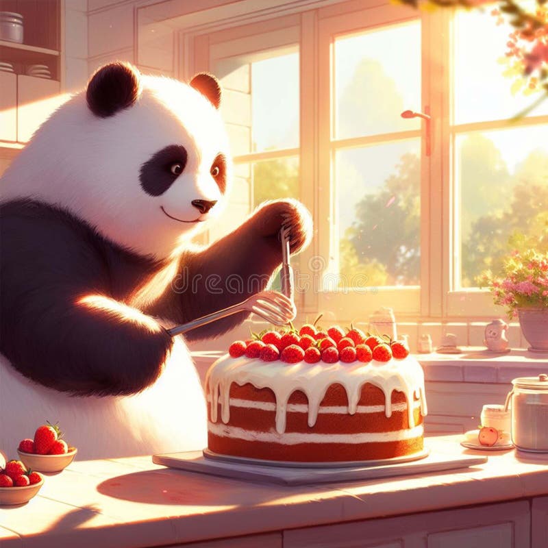 A Panda Bear Baking a Cake in a Sunny Kitchen, Digital Art Stock ...