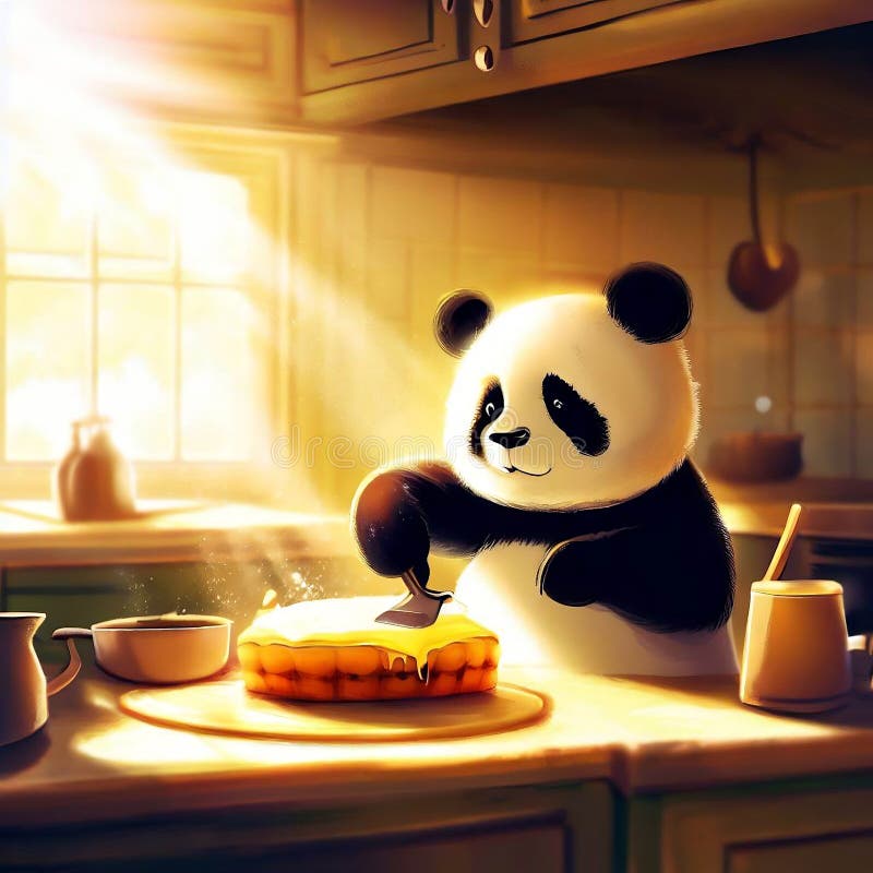 A Panda Bear Baking a Cake in a Sunny Kitchen, Digital Art Stock ...
