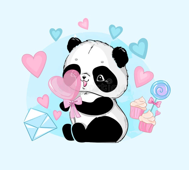 Panda Bear with Candy Heart Vector Illustration and Blue Background ...