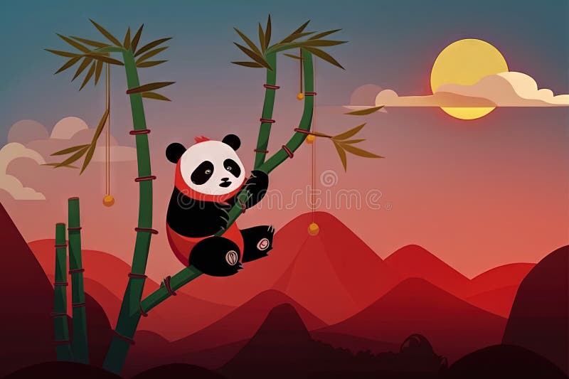 A Panda Bear Climbing a Bamboo Tree in the Desert at Sunset Stock ...