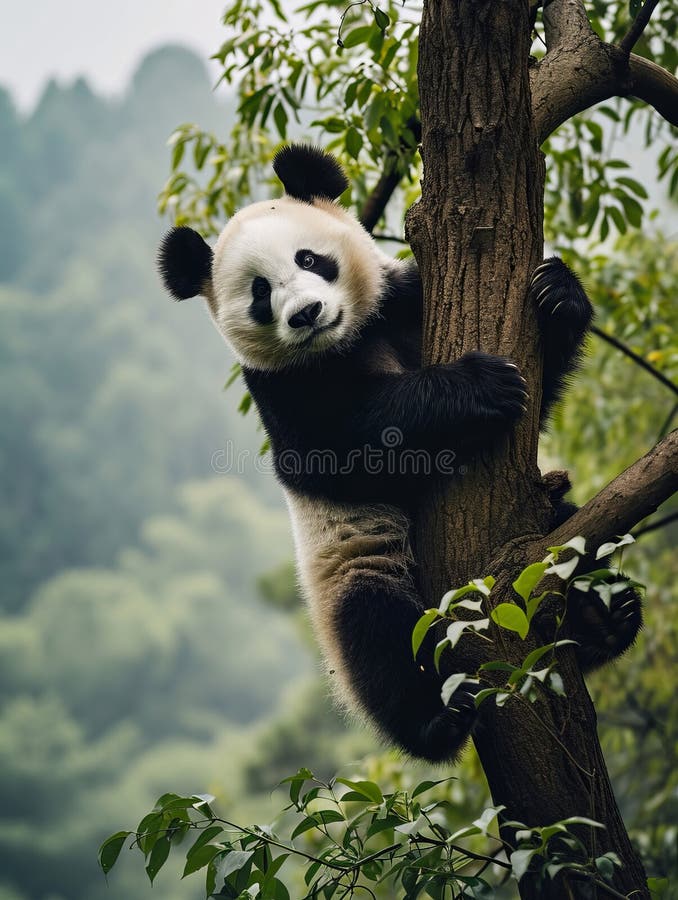 A Panda Bear Climbing on a Tree,close-up Stock Image - Image of animal ...