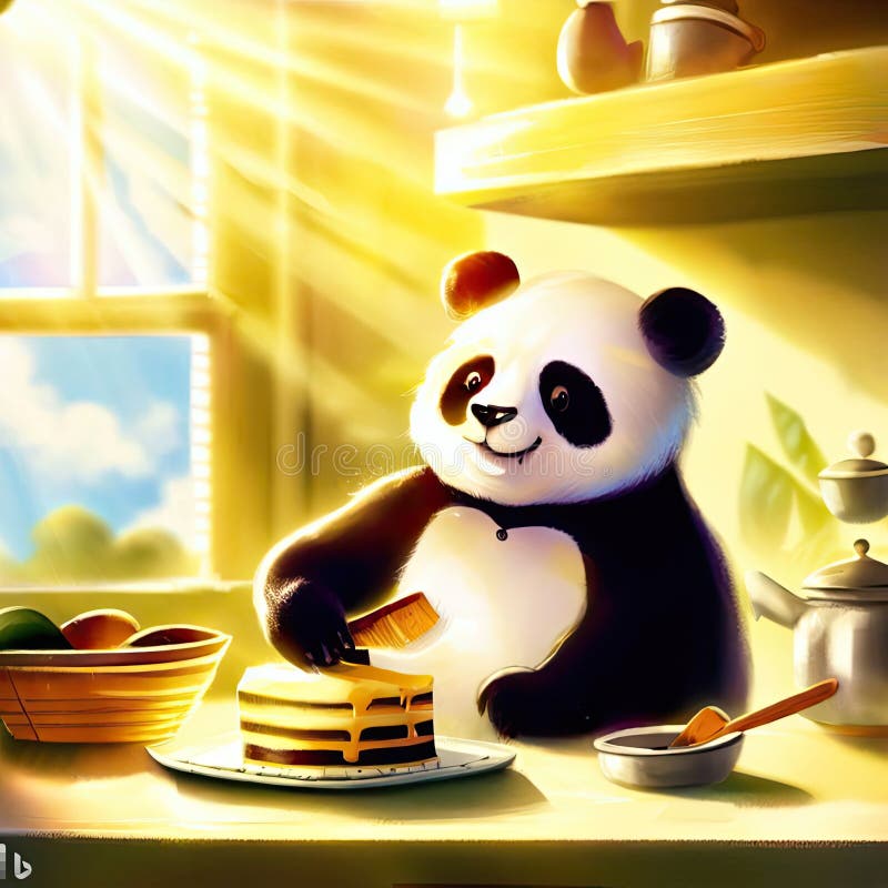 Panda Bear Eating Honey Cake in Kitchen Stock Illustration ...