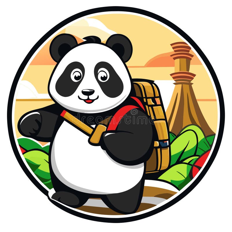 Panda Bear Hiking with Backpack and Camping Tent. Vector Illustration ...